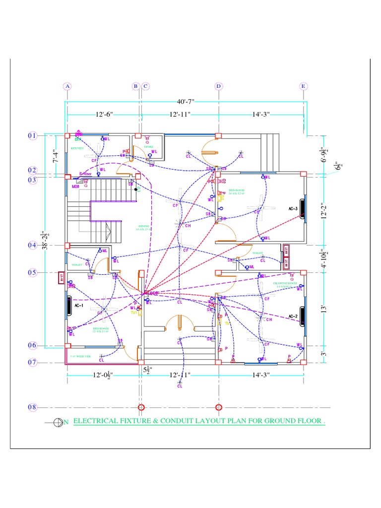A C D E B: N Electrical Fixture & Conduit Layout Plan For Ground Floor ...