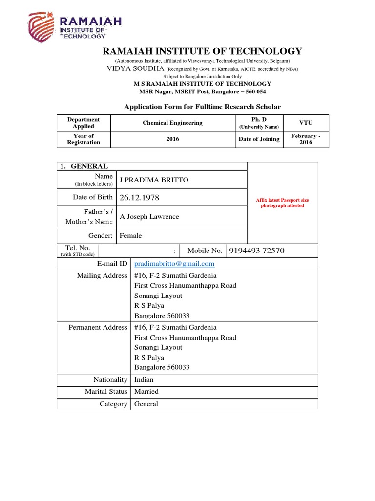 Ramaiah Institute of Technology: Application Form For Fulltime Research ...