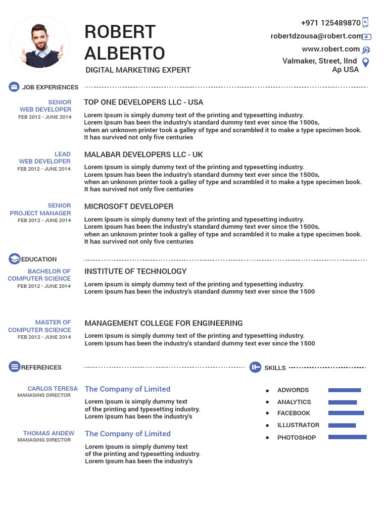 Cover letter and resume of Roberto Alberto, a digital marketing expert with extensive experience ...