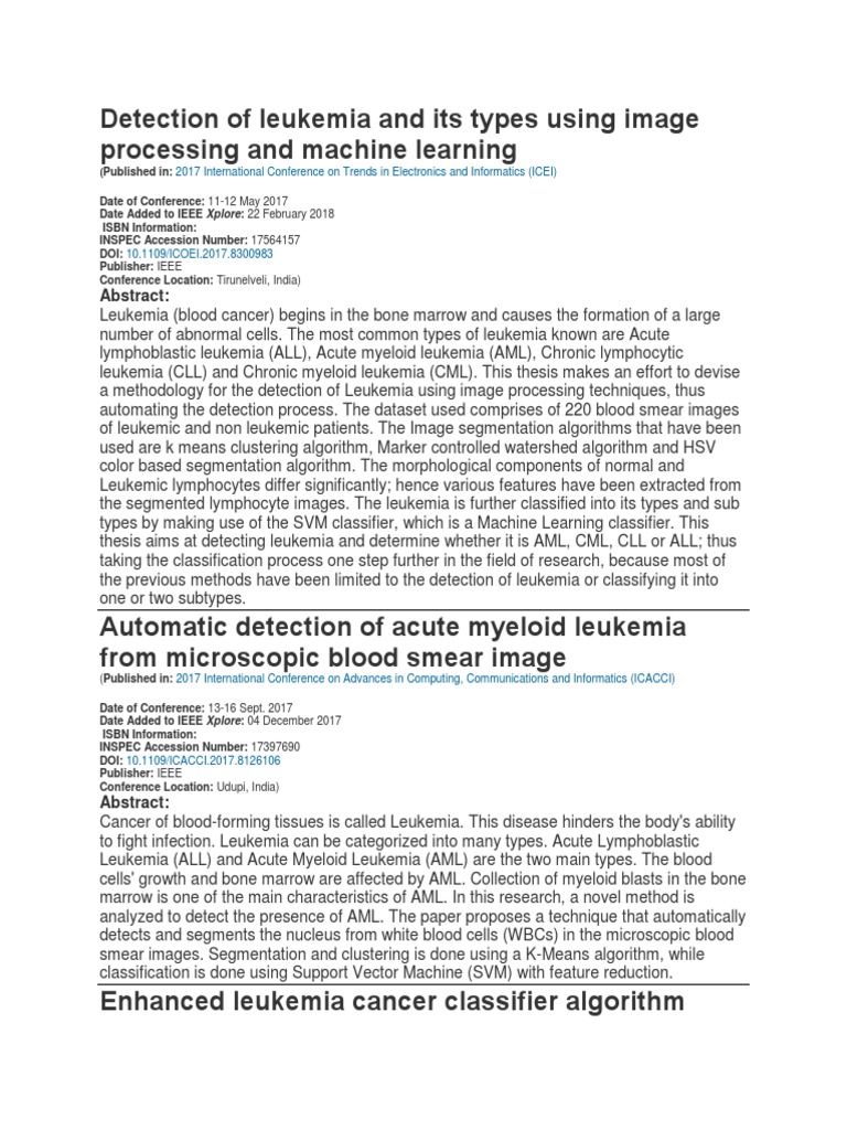 Abbstracts of Different Papers For Detection of Leukemia and Its Types Using Image Processing ...