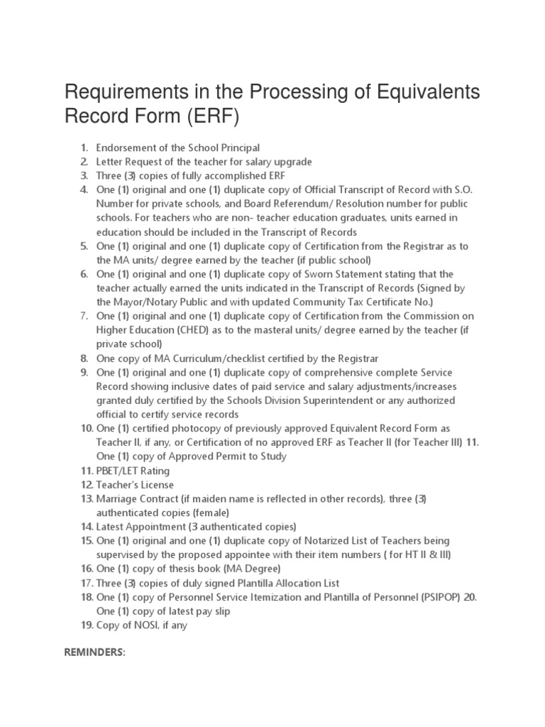 Requirements in The Processing of Equivalents Record Form (ERF) | PDF ...