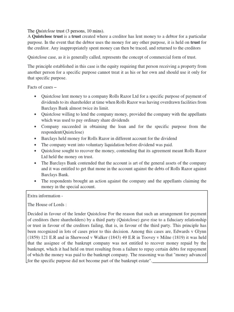 The Quistclose Trust | PDF | Corporations | Liability (Financial ...