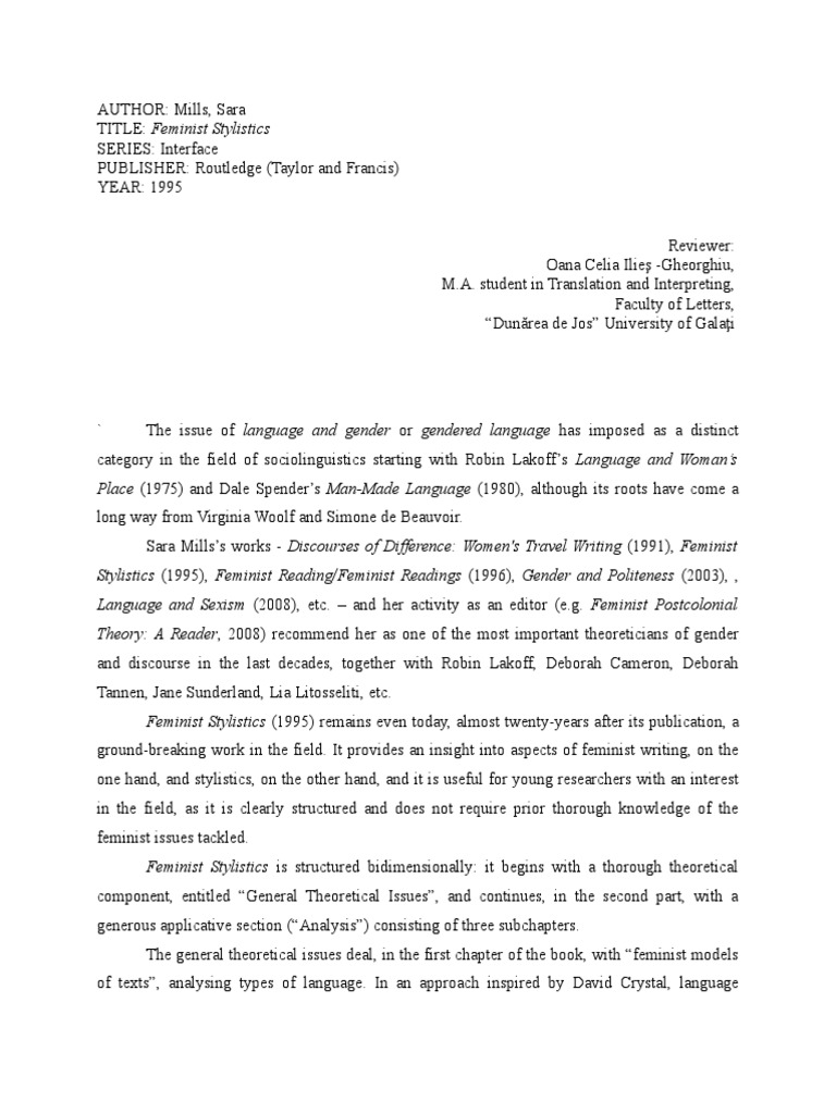 Sara Mills Feminist Stylistics 1995 Revi | PDF | Feminism | Gender Studies