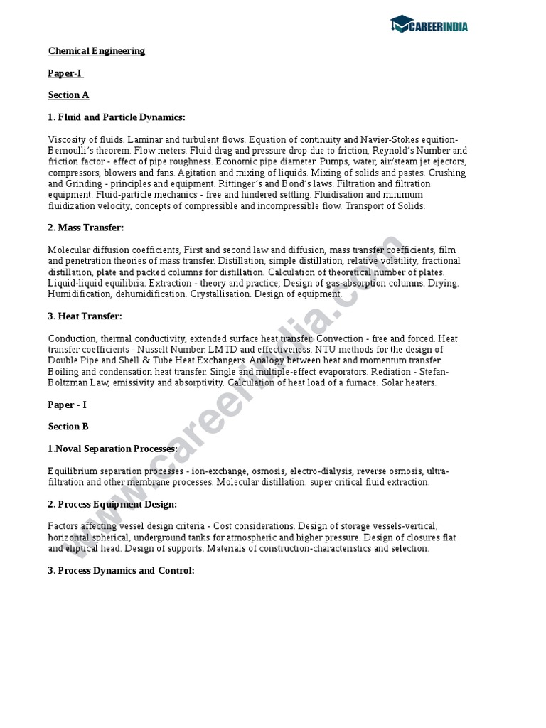 Chemical Engineering Paper-I Section A 1. Fluid and Particle Dynamics ...