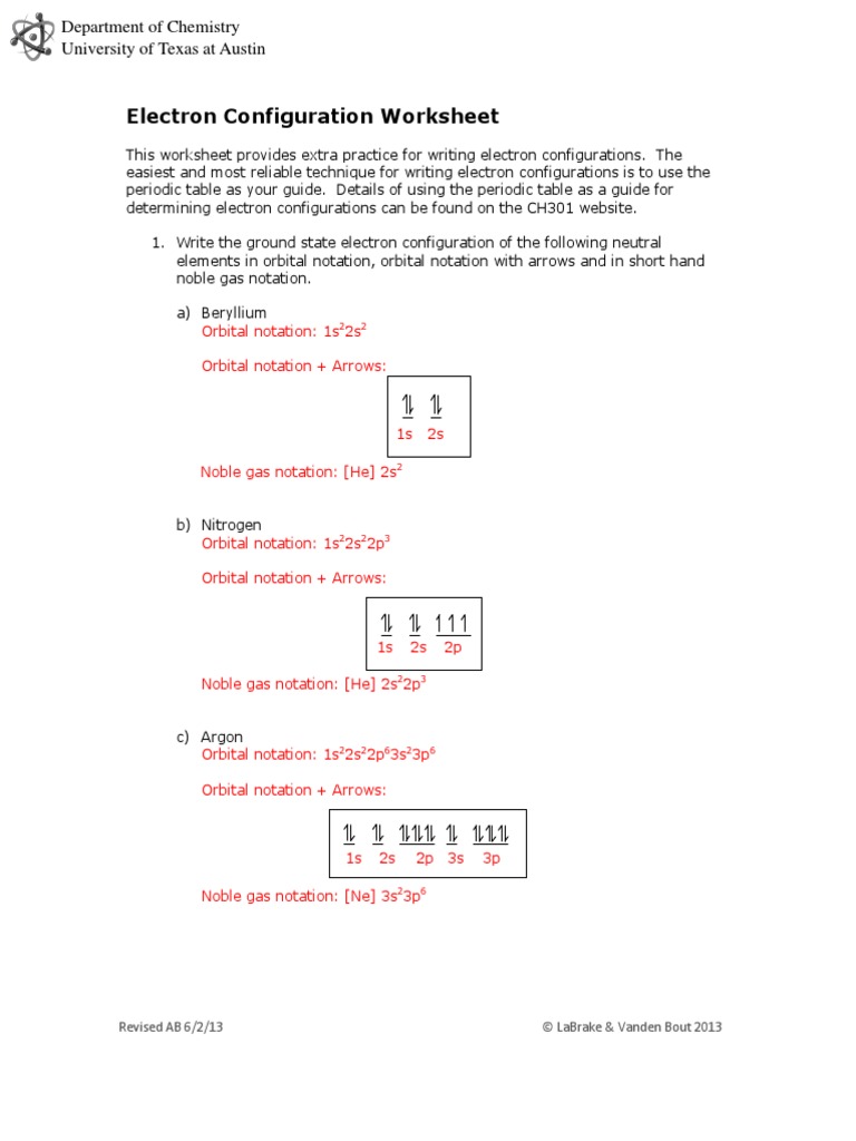 Electron Configuration Worksheet: Revised Ab 6/2/13 © Labrake & Vanden ...