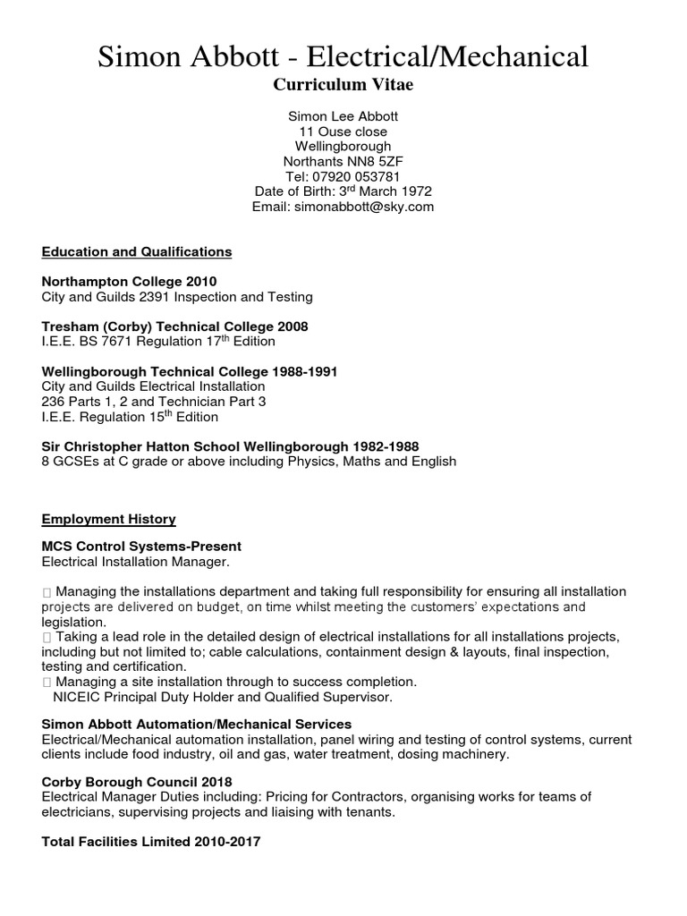 Simon Abbott - Electrical/Mechanical: Curriculum Vitae | PDF ...