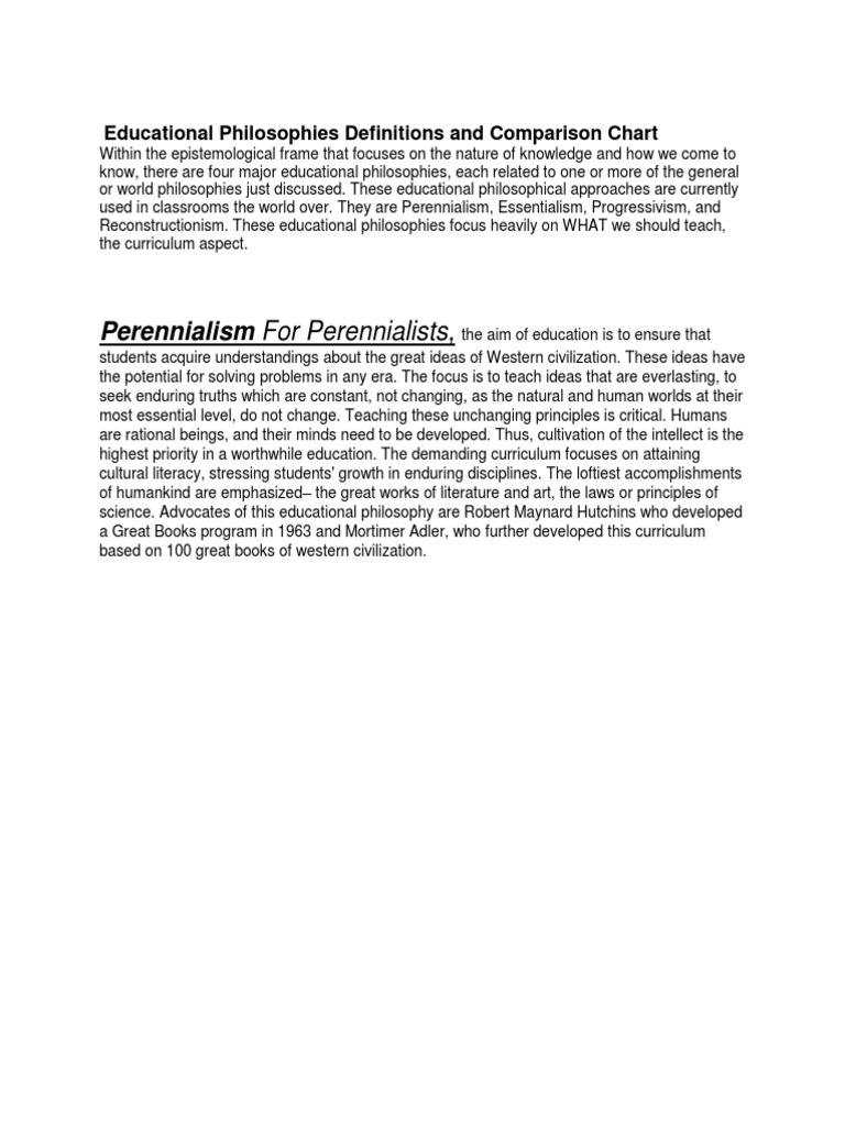 Educational Philosophies Definitions and Comparison Chart | PDF ...