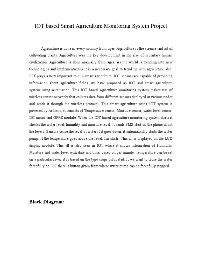 IOT Based Smart Agriculture Monitoring System Project: Block Diagram ...