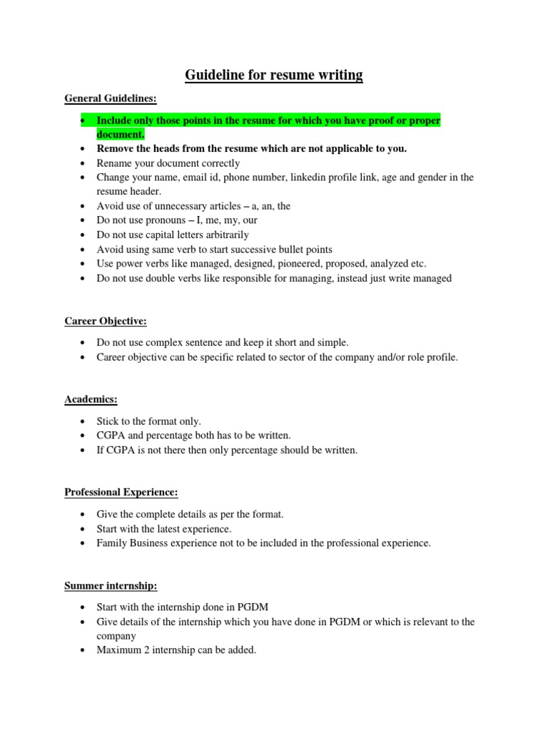 Guideline For Resume Writing: General Guidelines | PDF | Résumé ...