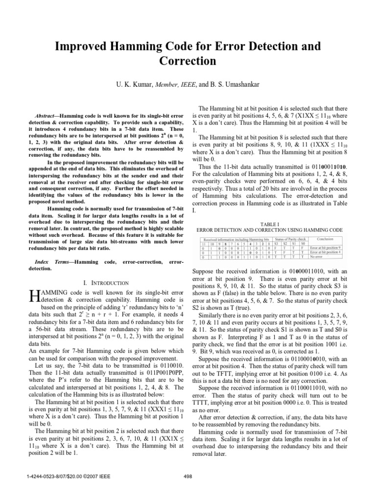 Improved Hamming Code For Error Detection And Correction U K Kumar Member Ieee And B S