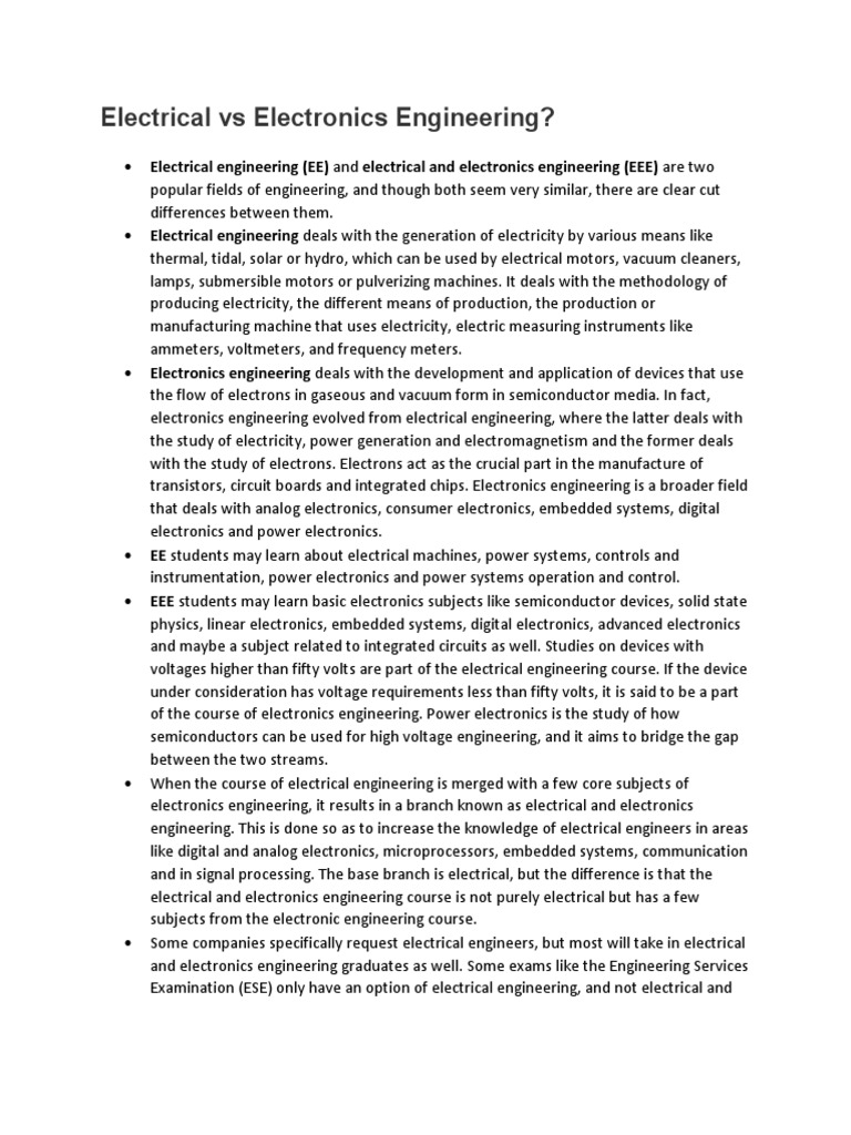 Electrical Vs Electronics Engineering? | PDF | Electronics | Electrical ...