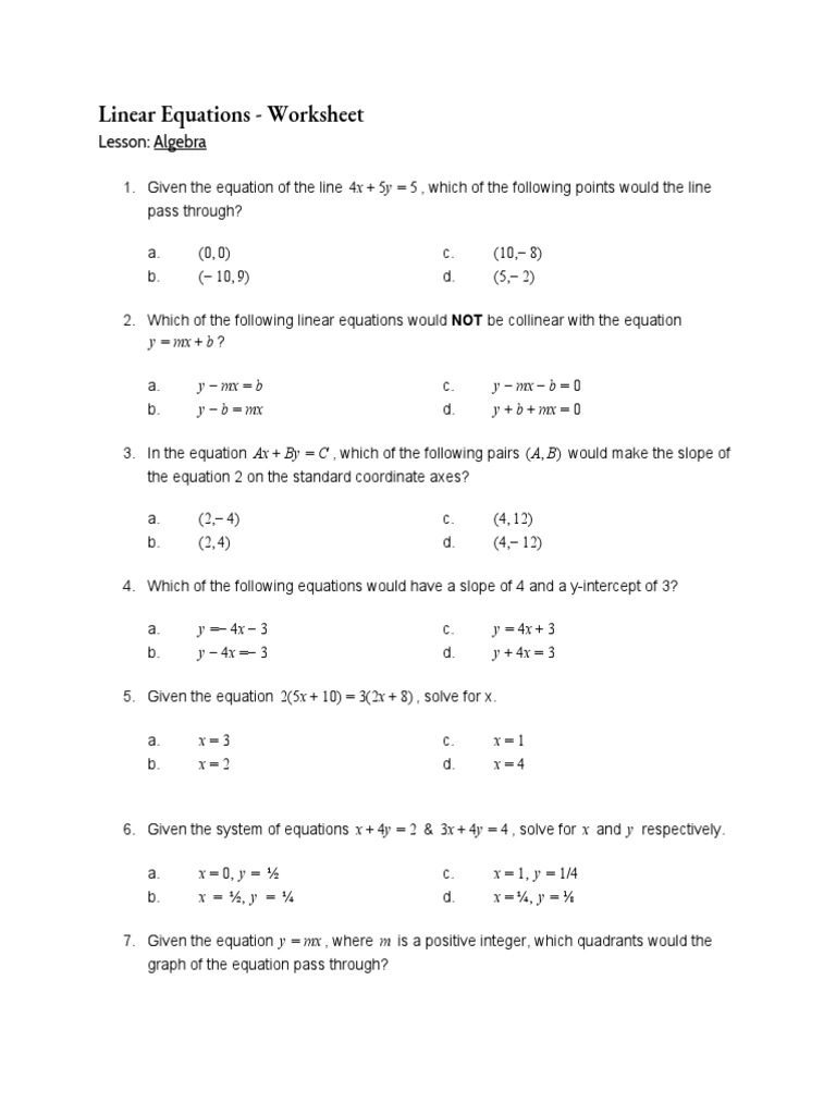 Algebra - Linear Equations Worksheet | PDF | Line (Geometry) | Equations