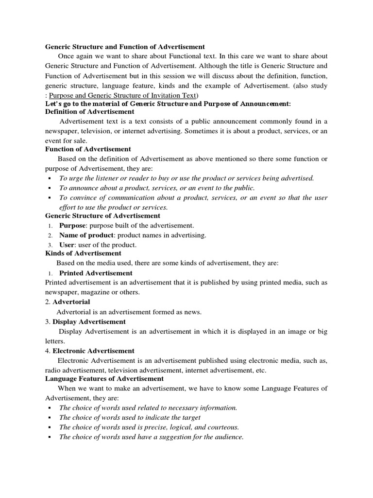 Generic Structure and Function of Advertisement | PDF