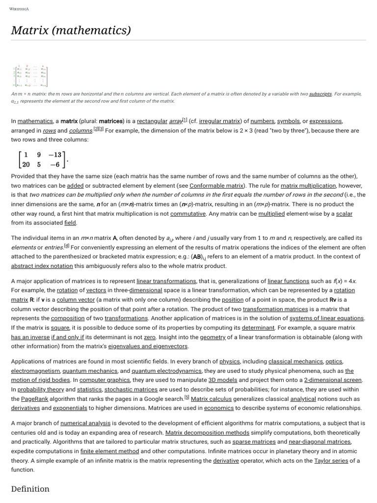 Matrix (Mathematics) : Definition | PDF | Determinant | Matrix ...