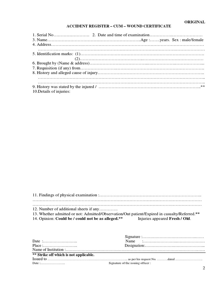 Accident Register - Cum - Wound Certificate | PDF