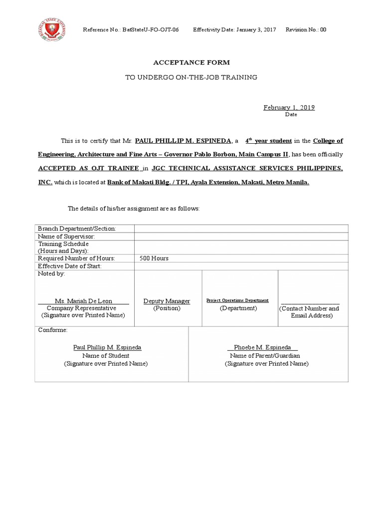 On-the-Job Training Acceptance Form for Paul Phillip M. Espineda at JGC ...