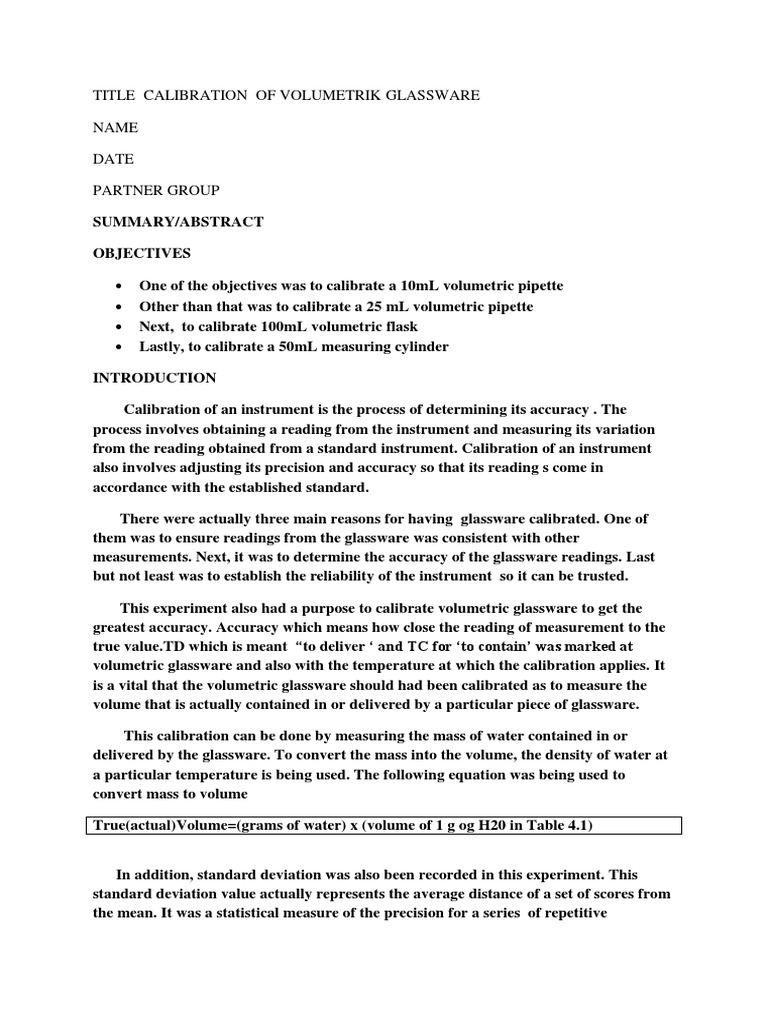 Calibration of Volumetric Glassware | PDF | Calibration | Scientific ...