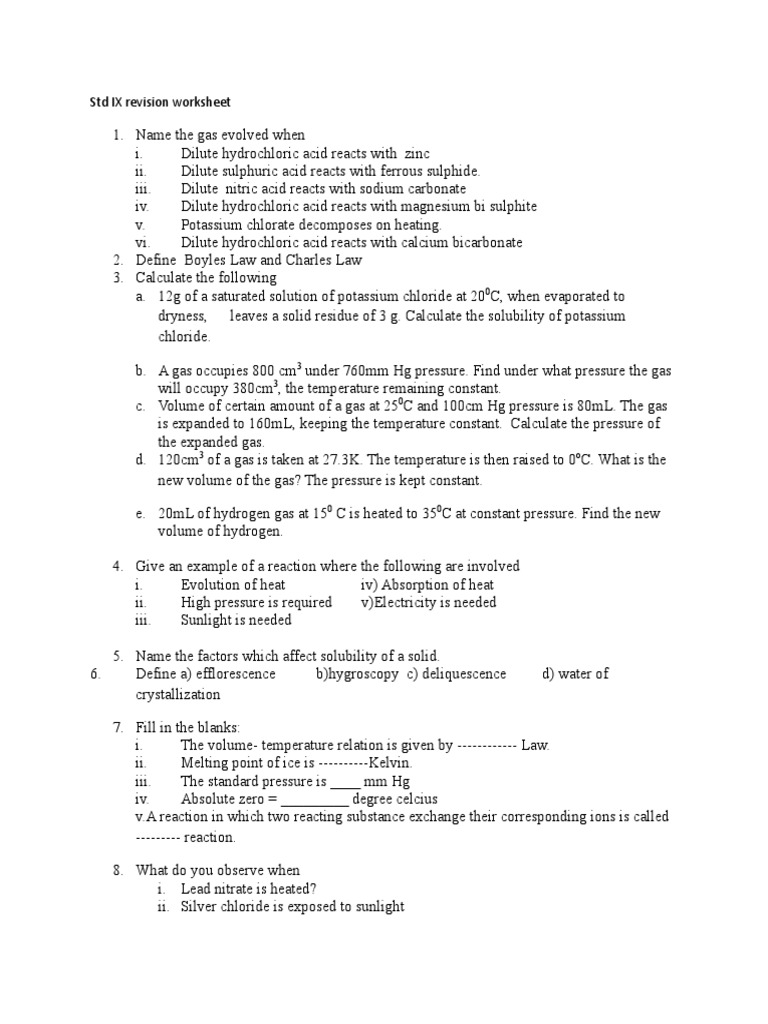 9th STD ICSE Worksheet | PDF | Oxide | Chemical Reactions