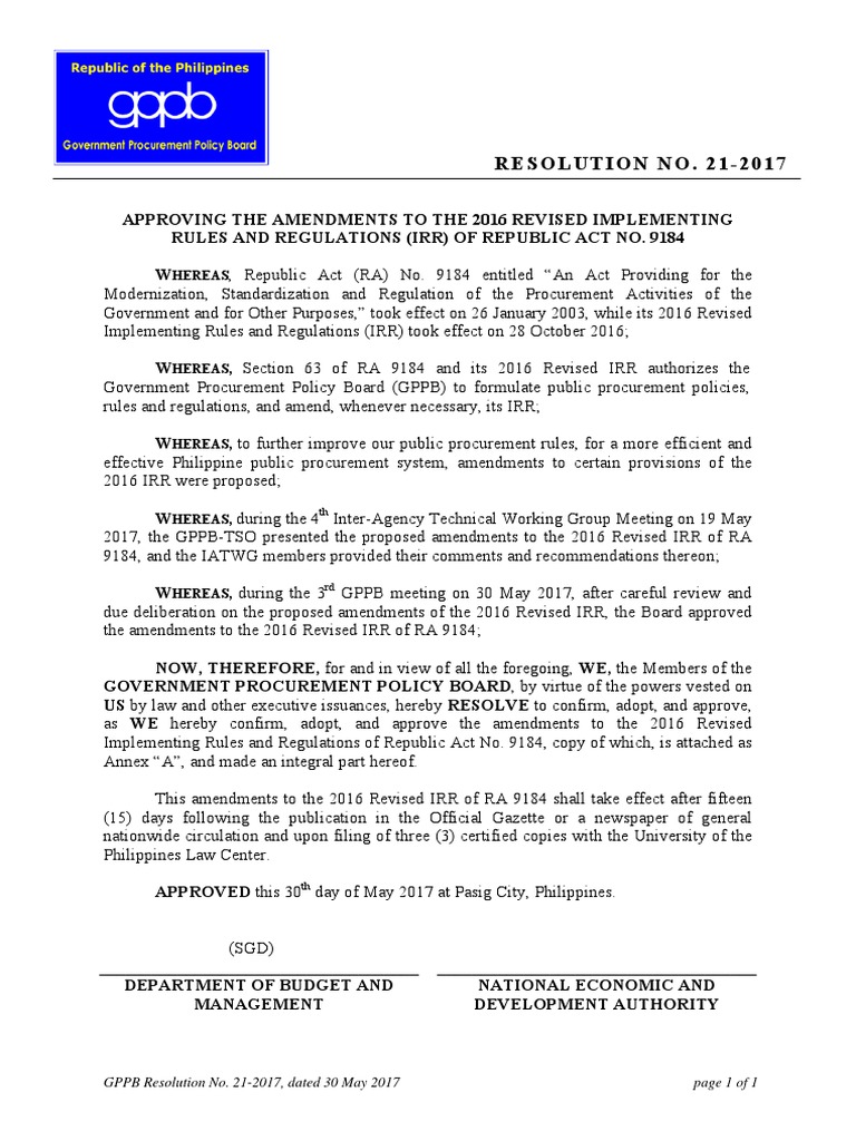 GPPB Resolution No. 21 - 2017 | PDF | Procurement | Lease