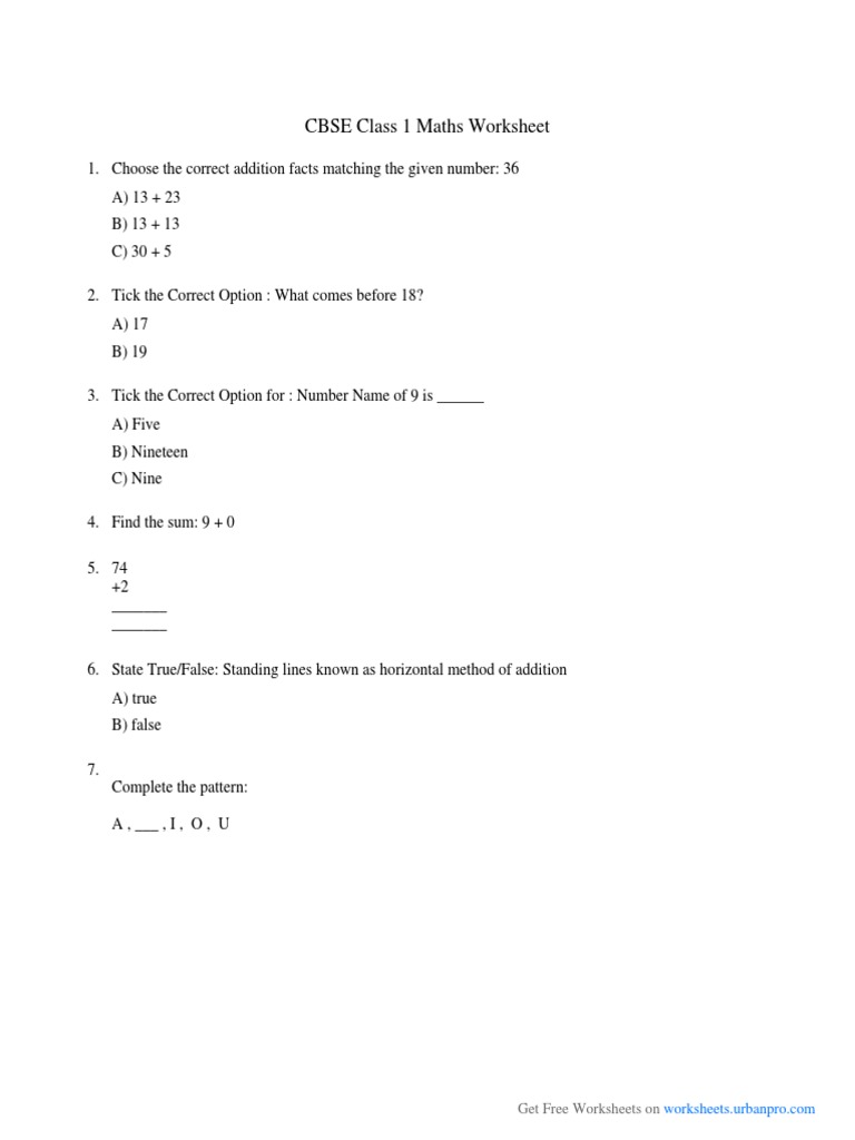 Class 1 CBSE Maths Worksheet PDF | PDF | Triangle | Euclidean Geometry