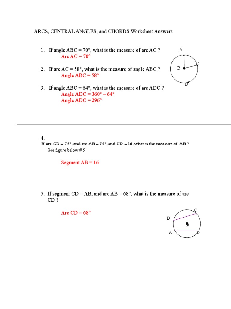 Arcs and Angles Worksheet Solutions | PDF