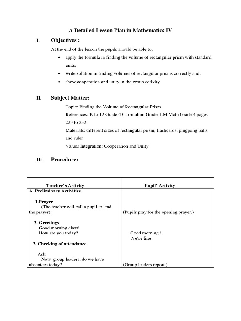 Detailed Lesson Plan in Math IV | PDF | Volume | Lesson Plan