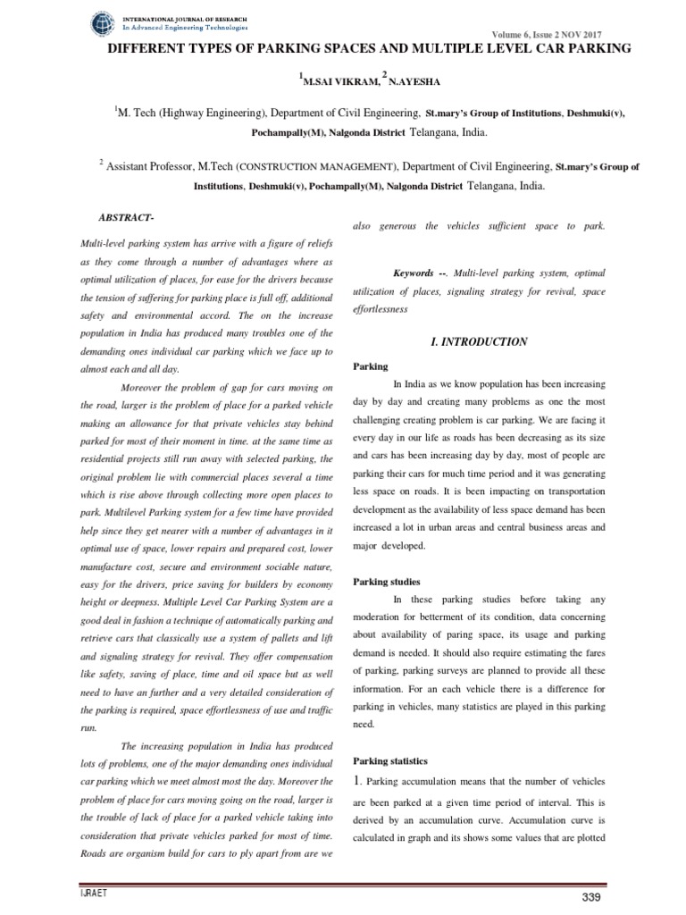 Different Types Of Parking Spaces And Multiple Level Car Parking Pdf