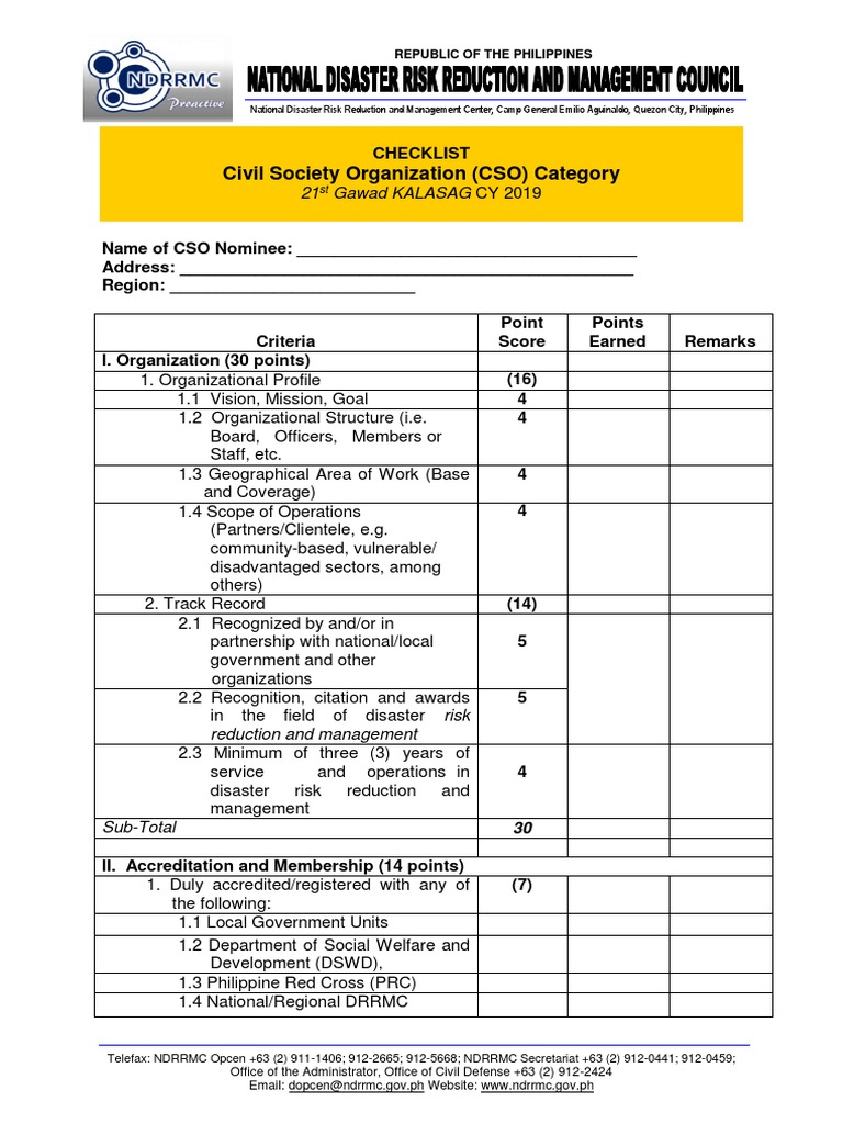 Civil Society Organization (CSO) Category: 21 Gawad KALASAG CY 2019 ...