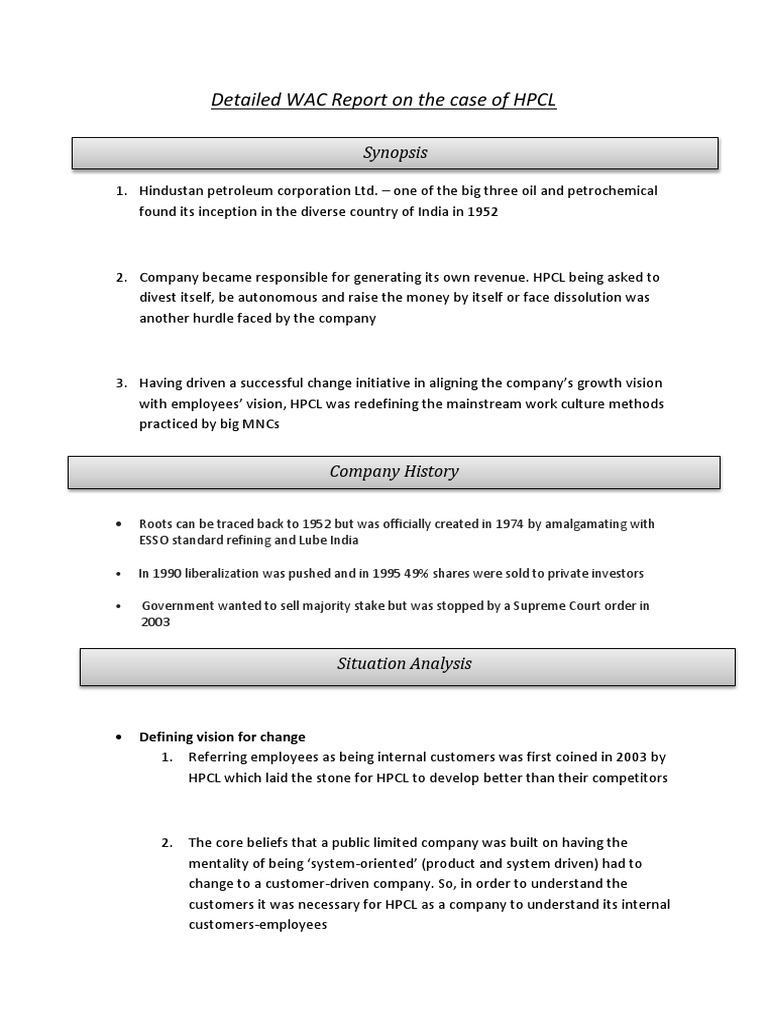 Detailed WAC Report On The Case of HPCL: Synopsis | PDF | Economies ...