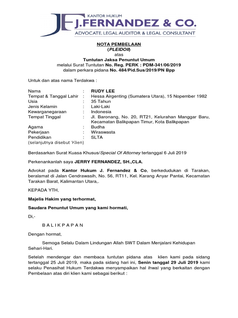 Contoh Draft Nota Pembelaan | PDF