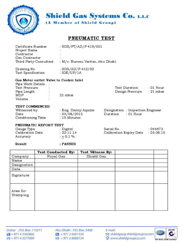 Pneumatic Test Certificate Details | PDF