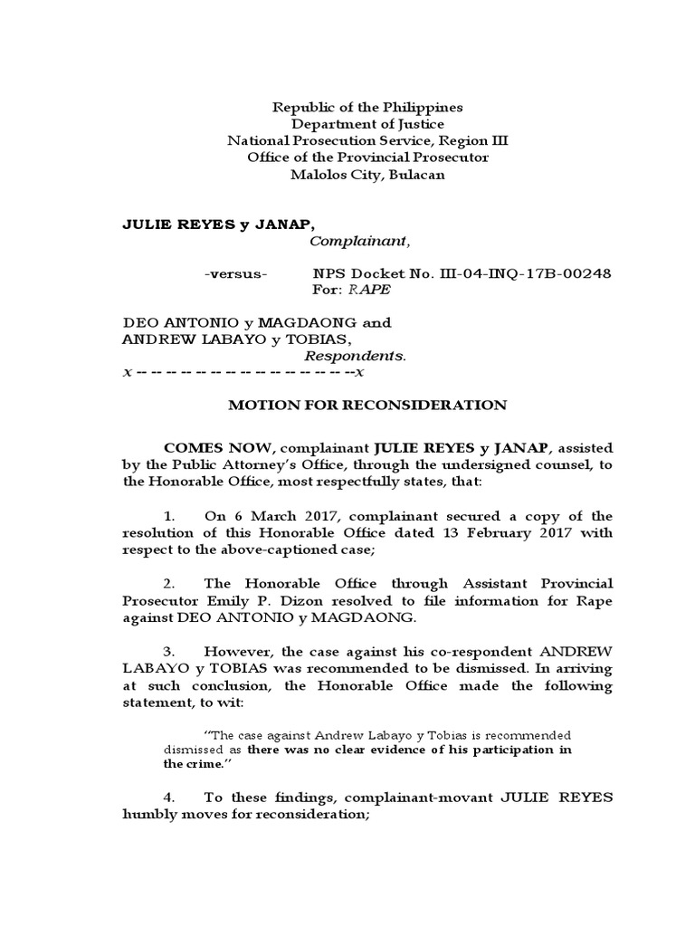 Motion For Reconsideration Sample, Rape Case | PDF | Probable Cause | Evidence