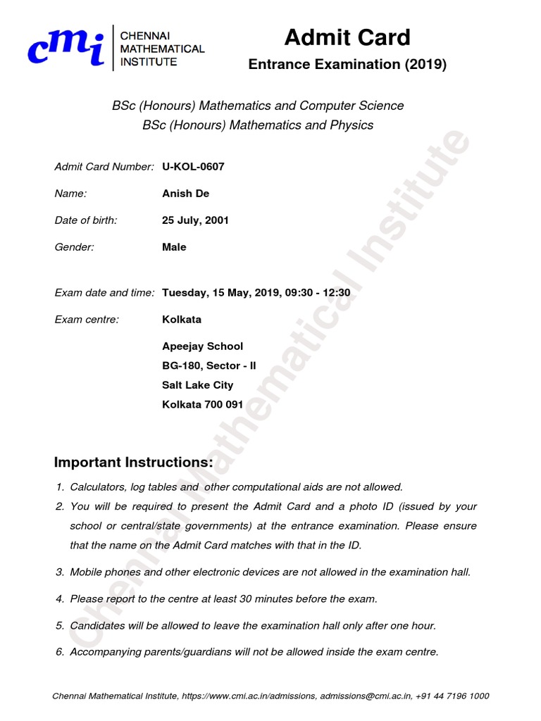 Chennai Mathematical Institute: Admit Card | PDF | Computing