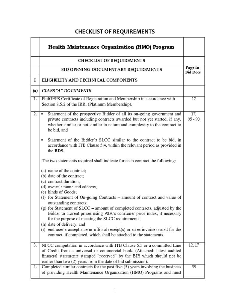 Checklist of Requirements: Health Maintenance Organization (HMO ...