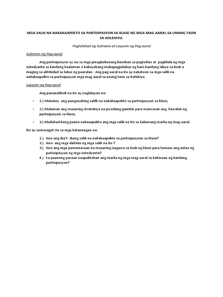 Mga Salik Na Nakakaapekto Sa Partisipasyon Sa Klase NG Mga Mag Aaral Sa Unang Taon Sa Kolehiyo ...
