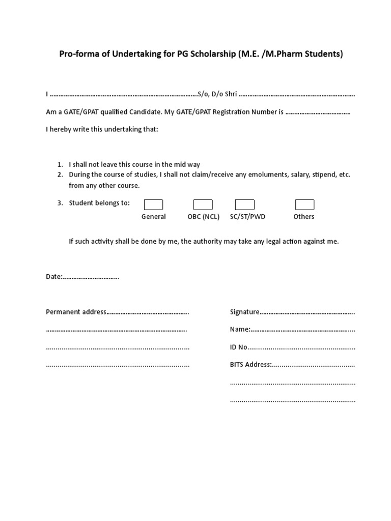 Proforma of Undertaking For PG Scholarship | PDF | Educational Stages ...