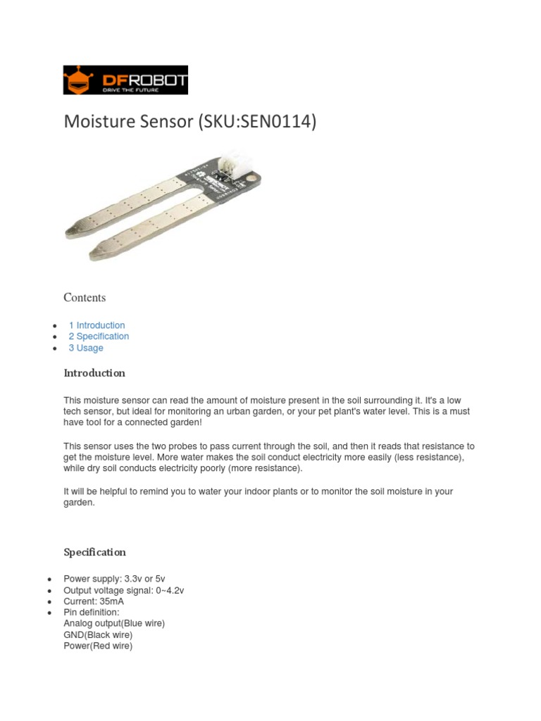 Soil Moisture Sensor Guide (SKU:SEN0114) | PDF | Computers | Technology ...