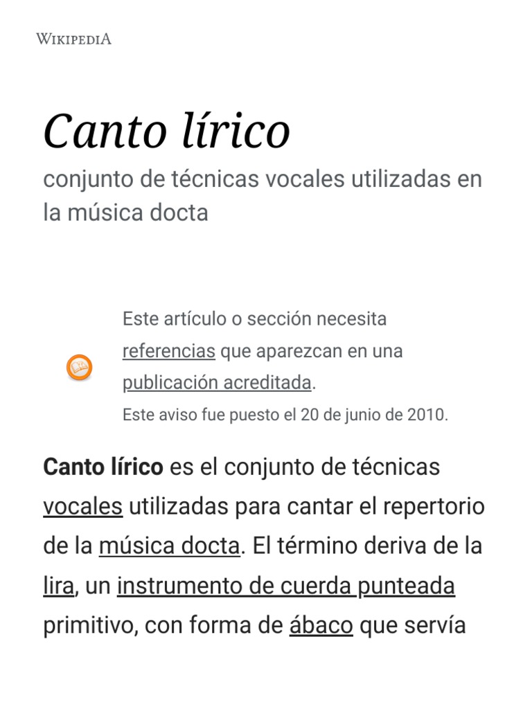 Canto Lírico - Wikipedia, La Enciclopedia Libre | PDF | Ópera | Canto