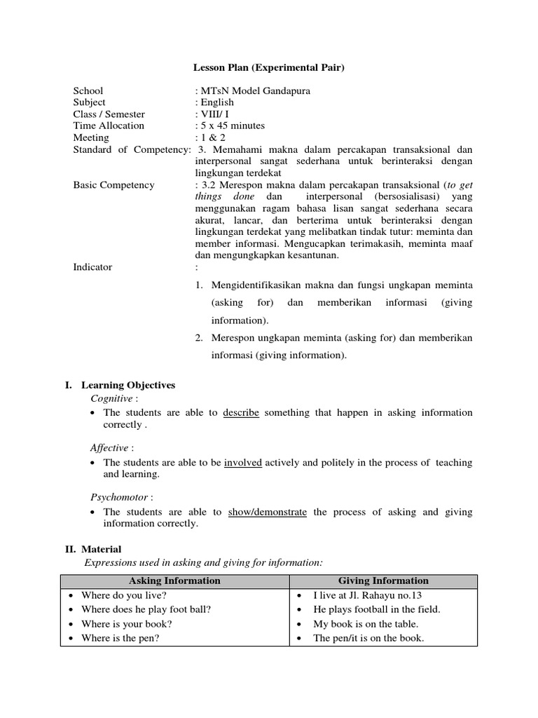 Lesson Plan 1 Experimental Class | PDF | Human Communication | Linguistics