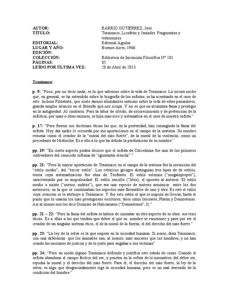 Trasímaco: Ética y Oratoria Sofista | PDF | Justicia | Crimen y violencia