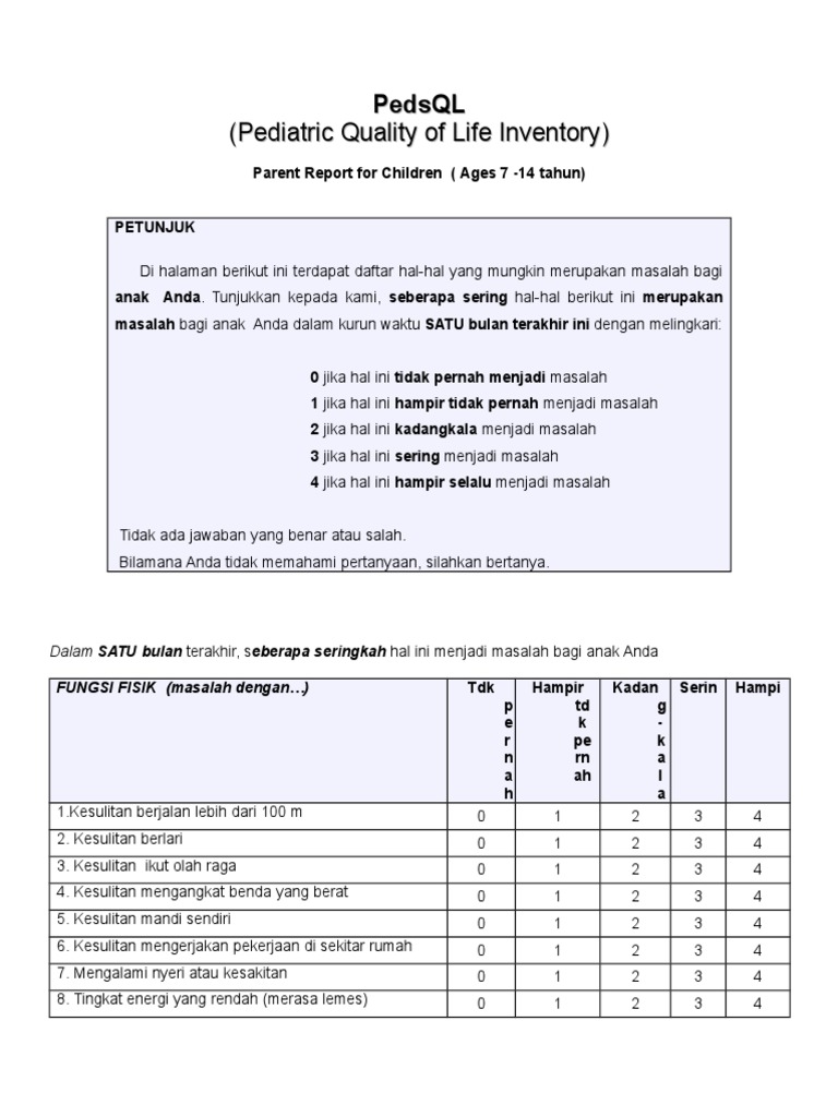 Kuesioner Pediatric Quality of Life Inventory | PDF