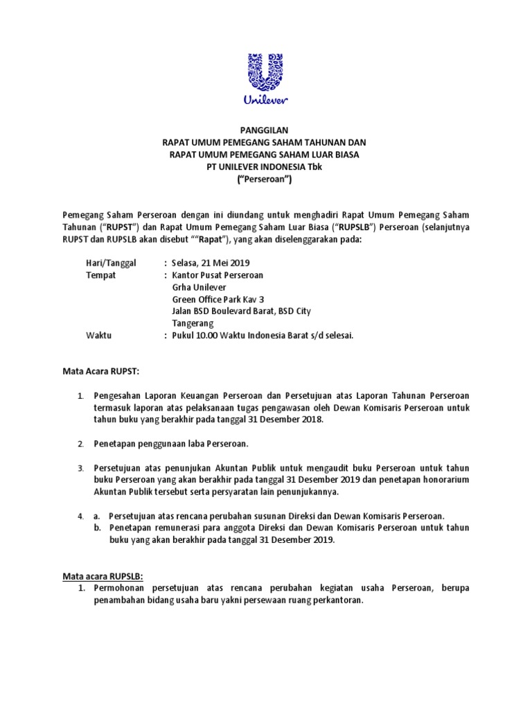 RUPS Unilever Indonesia 2019 | PDF