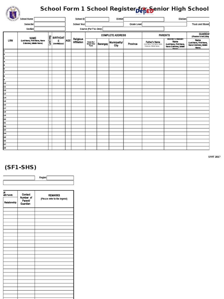 School Form 1 School Register For Senior High School (SF1-SHS ...