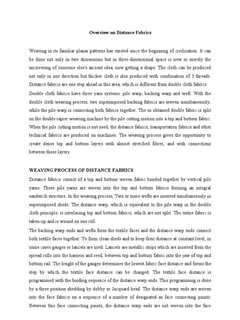 Overview on Distance Fabrics Weaving Process | PDF | Textiles | Weaving