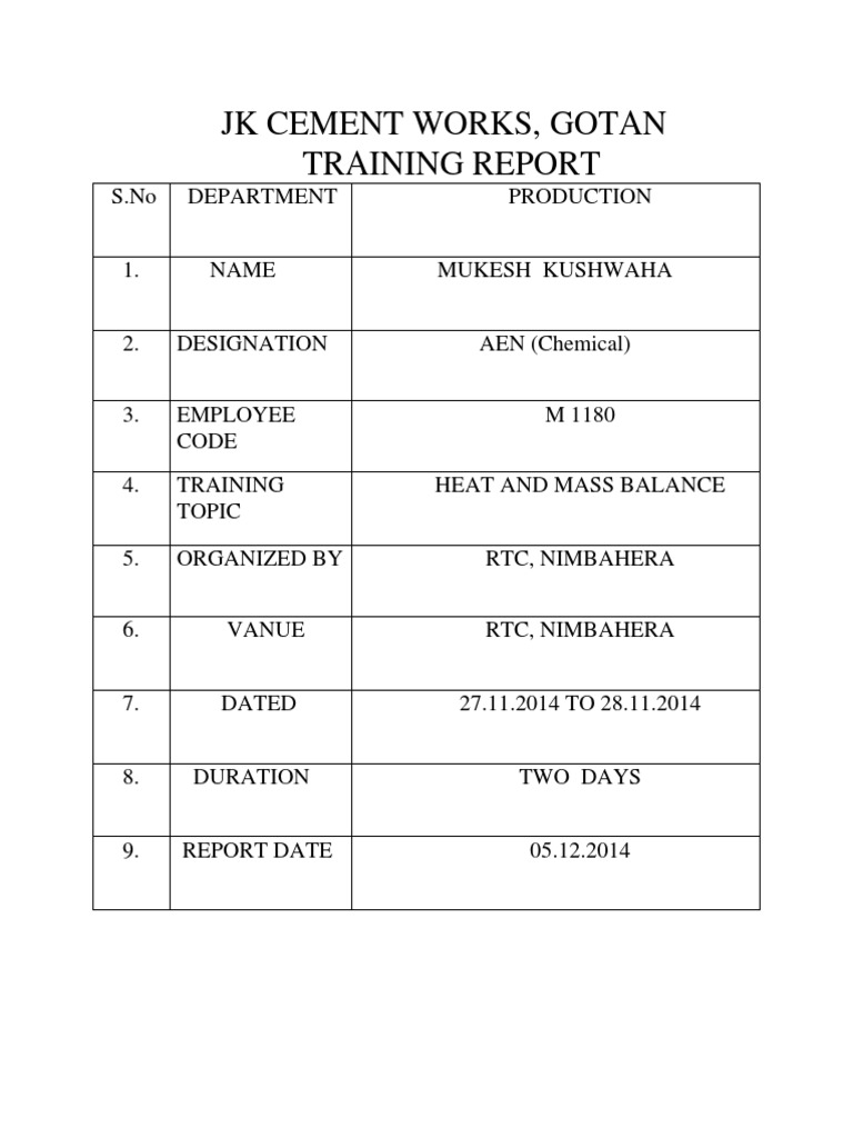 JK Cement Works, Gotan Training Report | PDF | Chemical Engineering ...