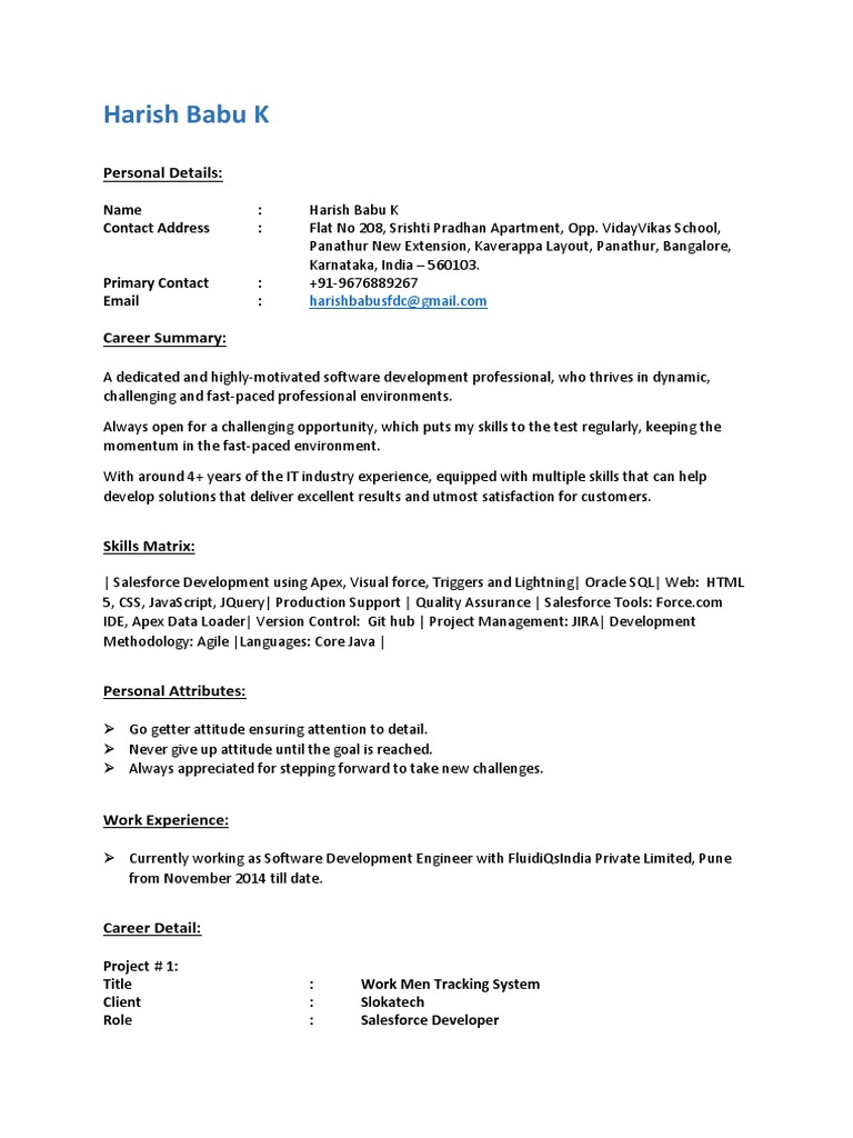 Harish Babu K: Personal Details | PDF | Salesforce.Com | Software Development
