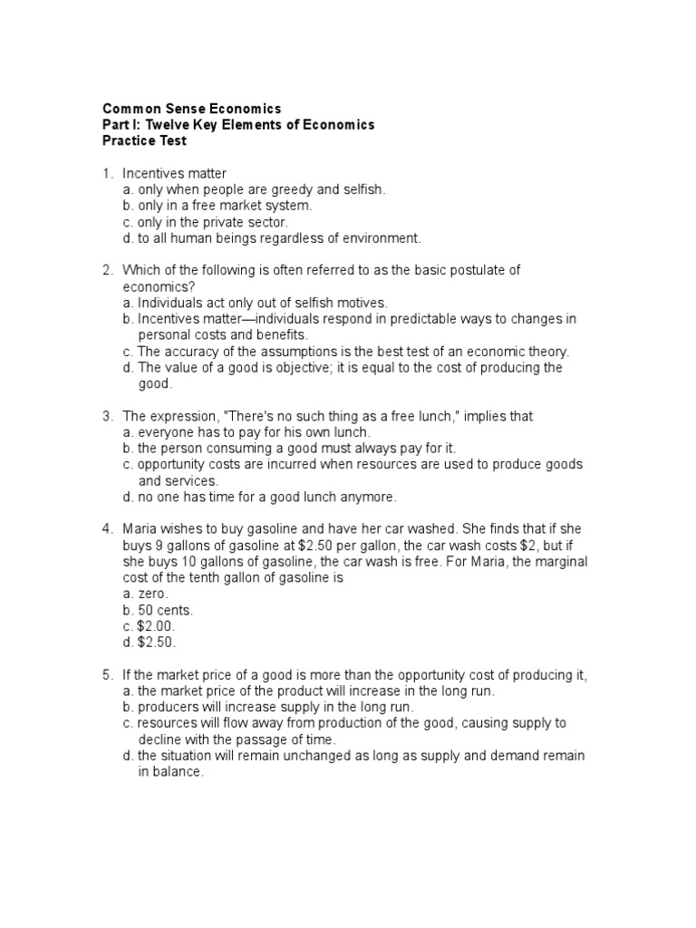 Common Sense Economics Part I: Twelve Key Elements of Economics ...