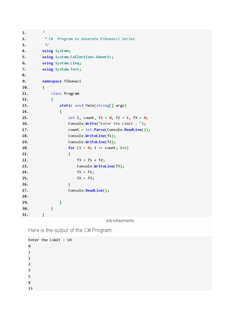 Using Using Using Using Namespace: C# Program To Generate Fibonacci Series | PDF