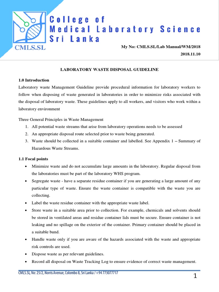 Laboratory Waste Disposal Management Guidelines CMLS. SL (Inal) | PDF ...