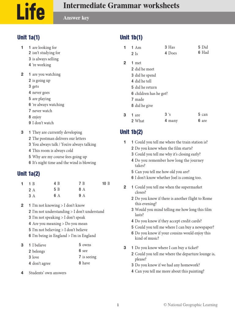 Intermediate GrammarPracticeWorksheets AnswerKey 0 | PDF